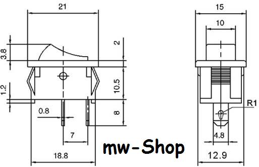 Wippschalter 21 x 15 mm, EIN/AUS/EIN schaltend, 250/125V AC 3/6A
